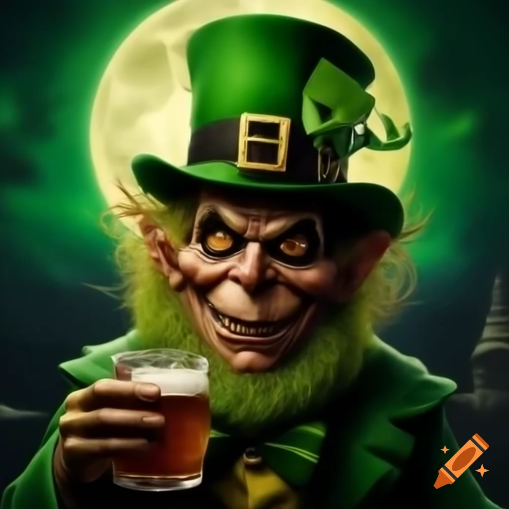 Photo realism of sinister leprechaun with tall hat and scar under ...