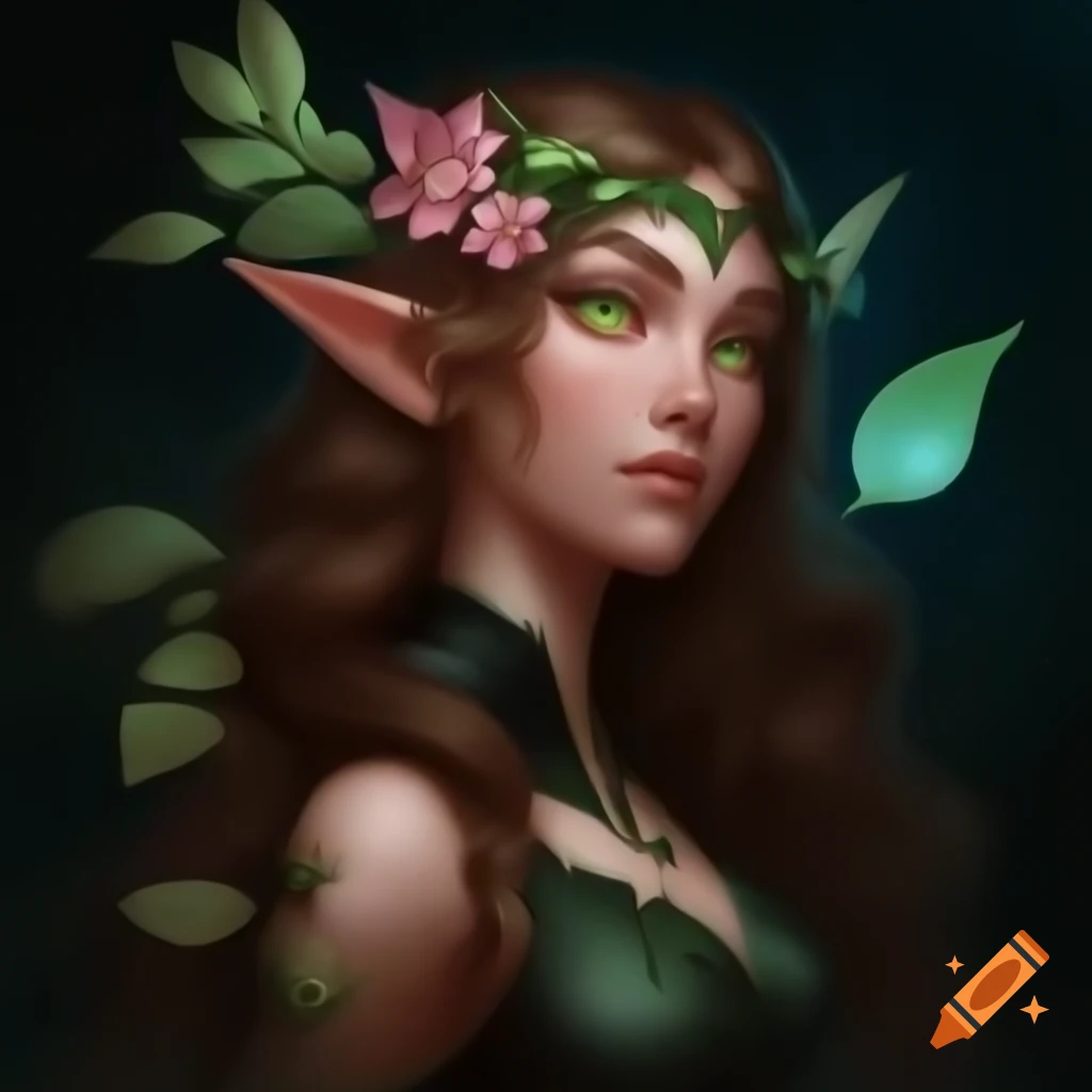 Detailed portrait of a strong elf girl in black gown with floral ...