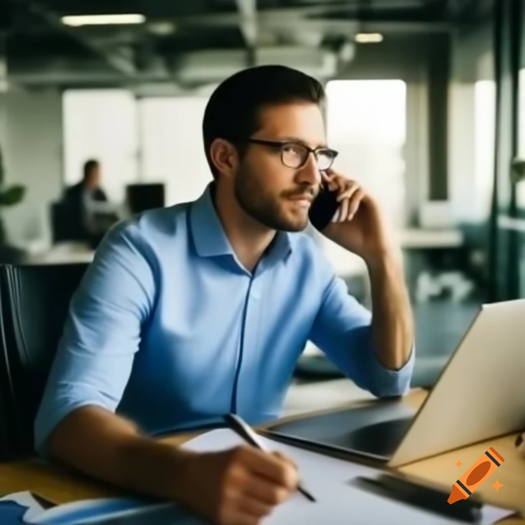 Architect in office contemplating phone call to supplier for design ...