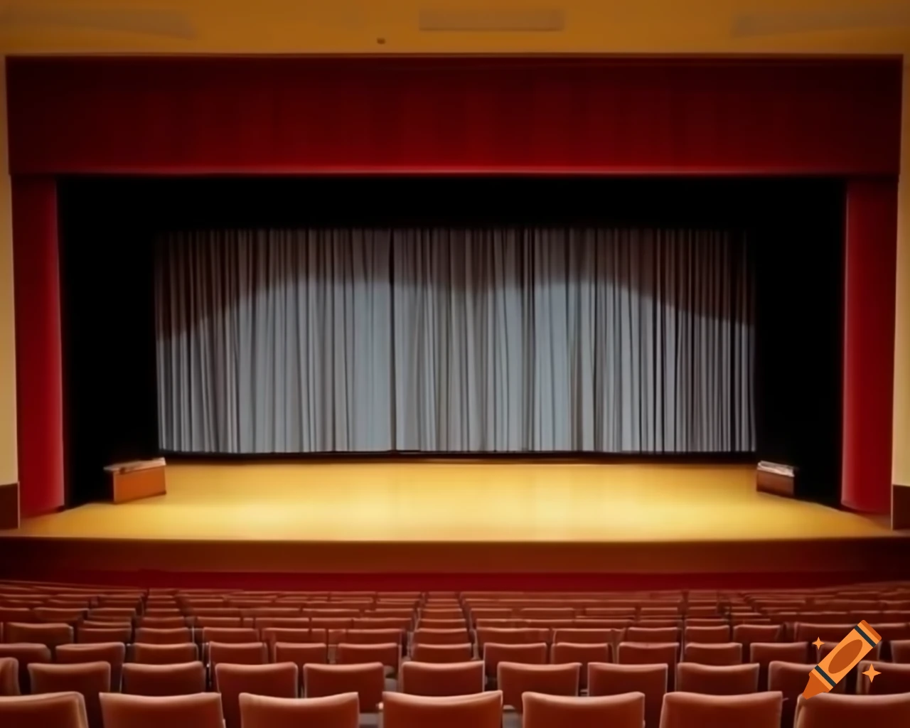 Plain stage in brightly lit school auditorium with wood floor and ...