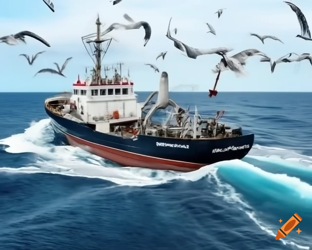 Deep-sea fishing vessel navigating rough waves with seagulls on Craiyon