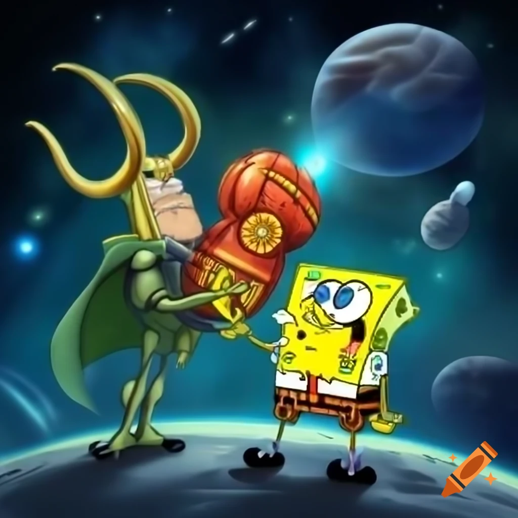SpongeBob SquarePants holding infinity gauntlet in space with Loki on ...