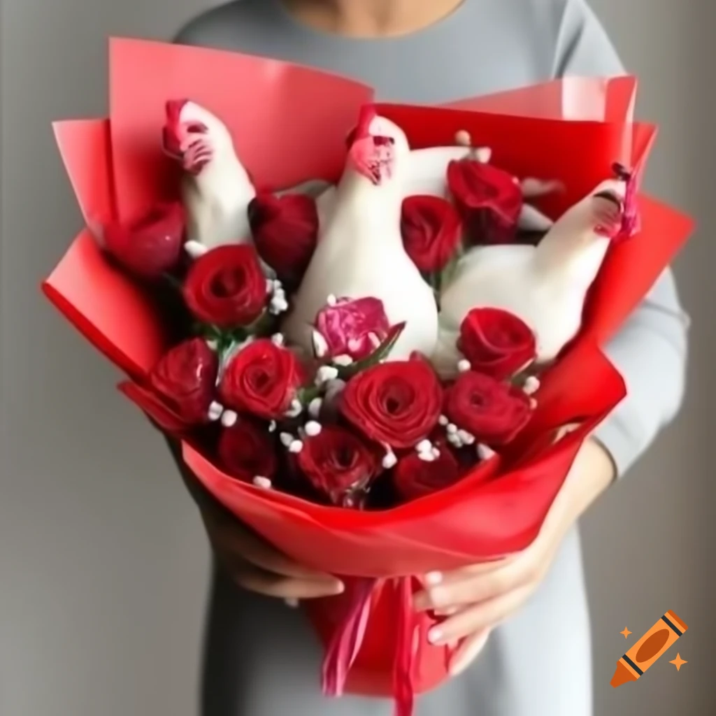 Large bouquet of red roses with chicken tenders mixed throughout on Craiyon