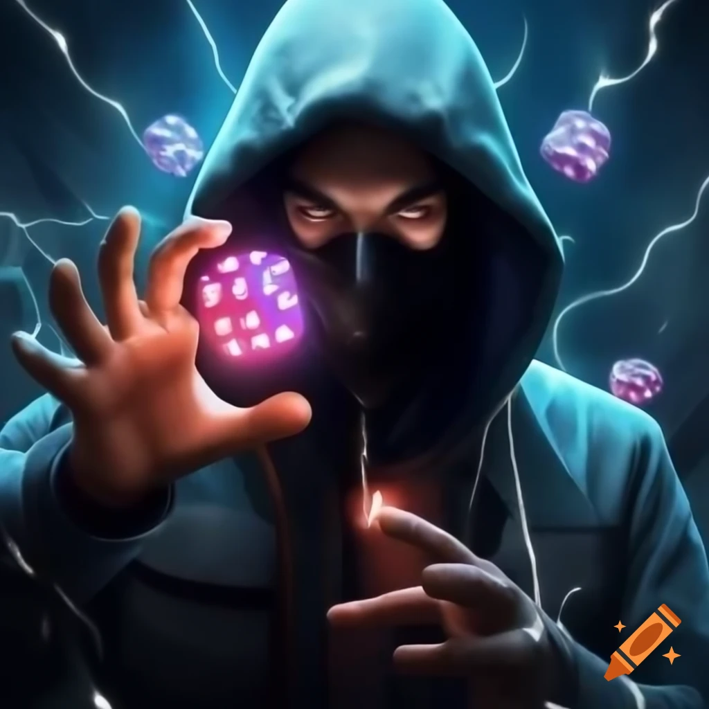 Man with masked face manipulating dice with electric arcs on white ...