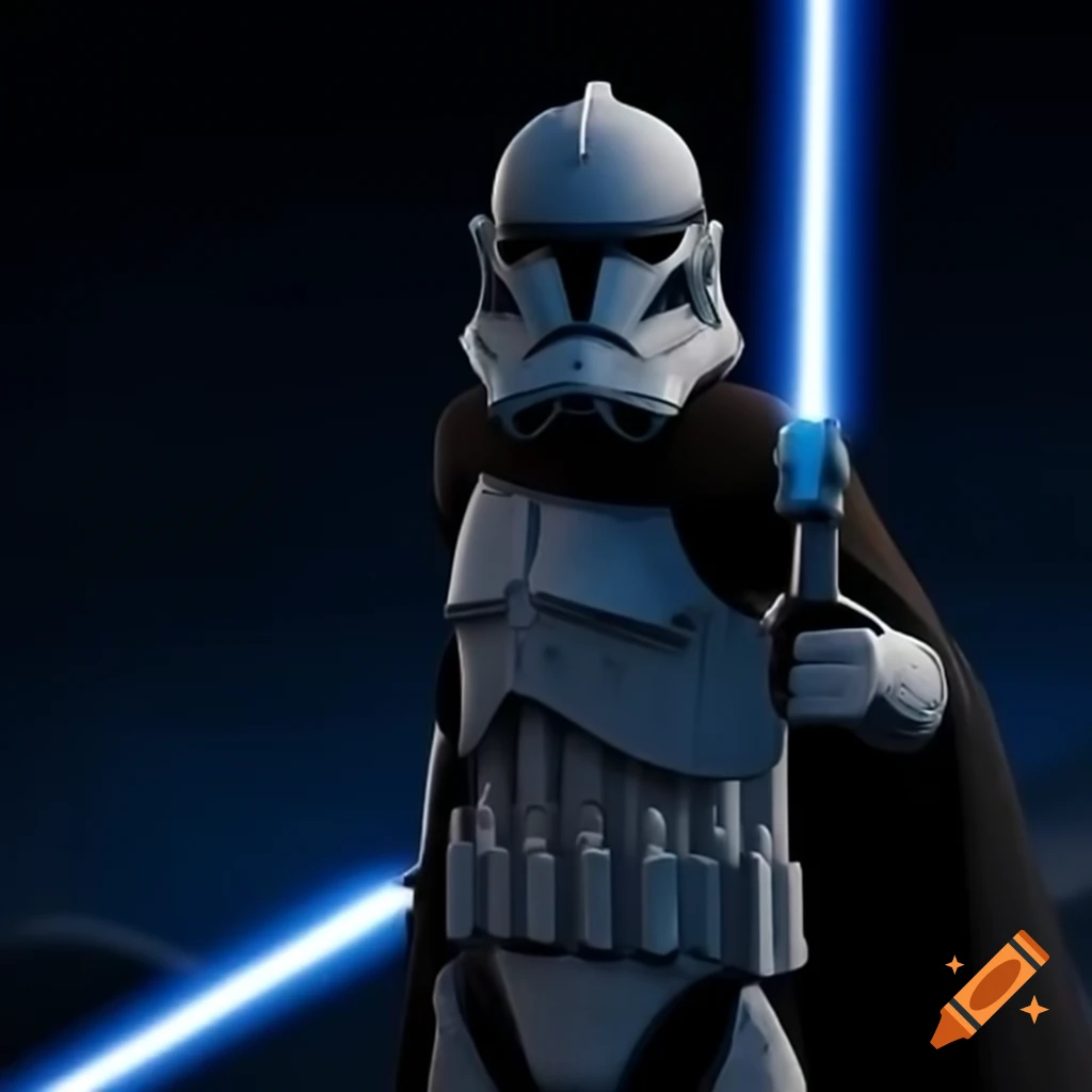 Clone soldier from Star Wars holding blue lightsaber with cape on Craiyon