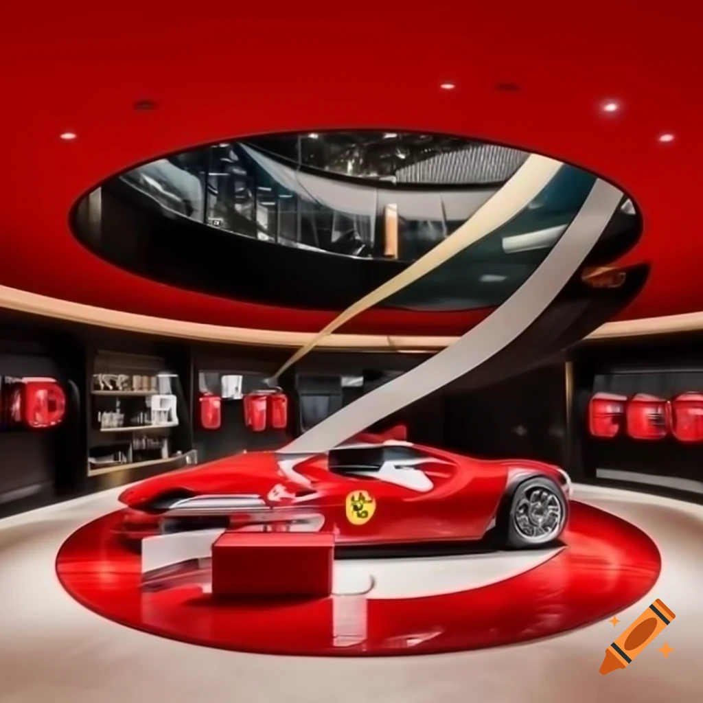 Luxurious Ferrari store with grand ceiling displaying high-end clothing ...