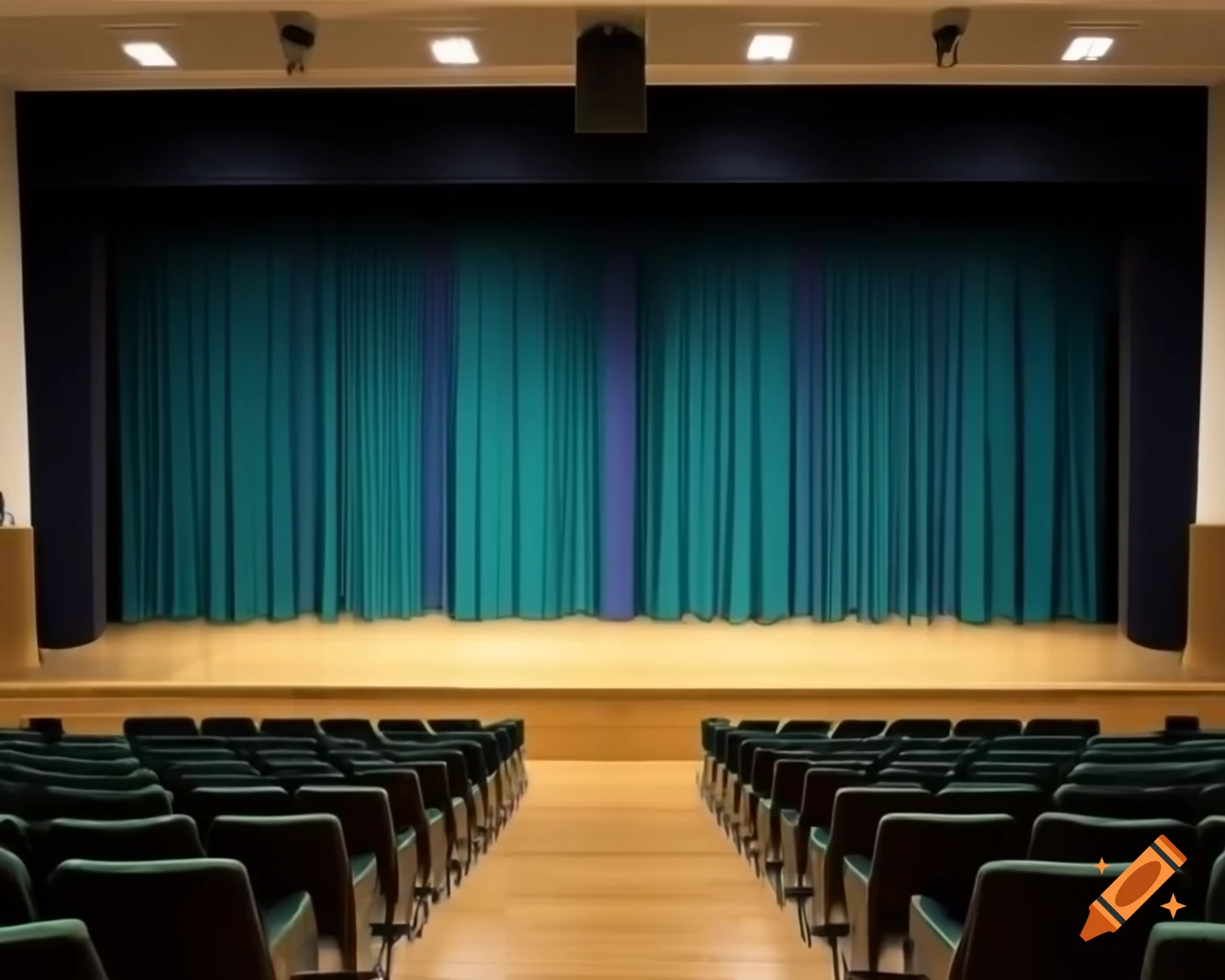 Brightly lit school auditorium stage with wood floor and turquoise ...
