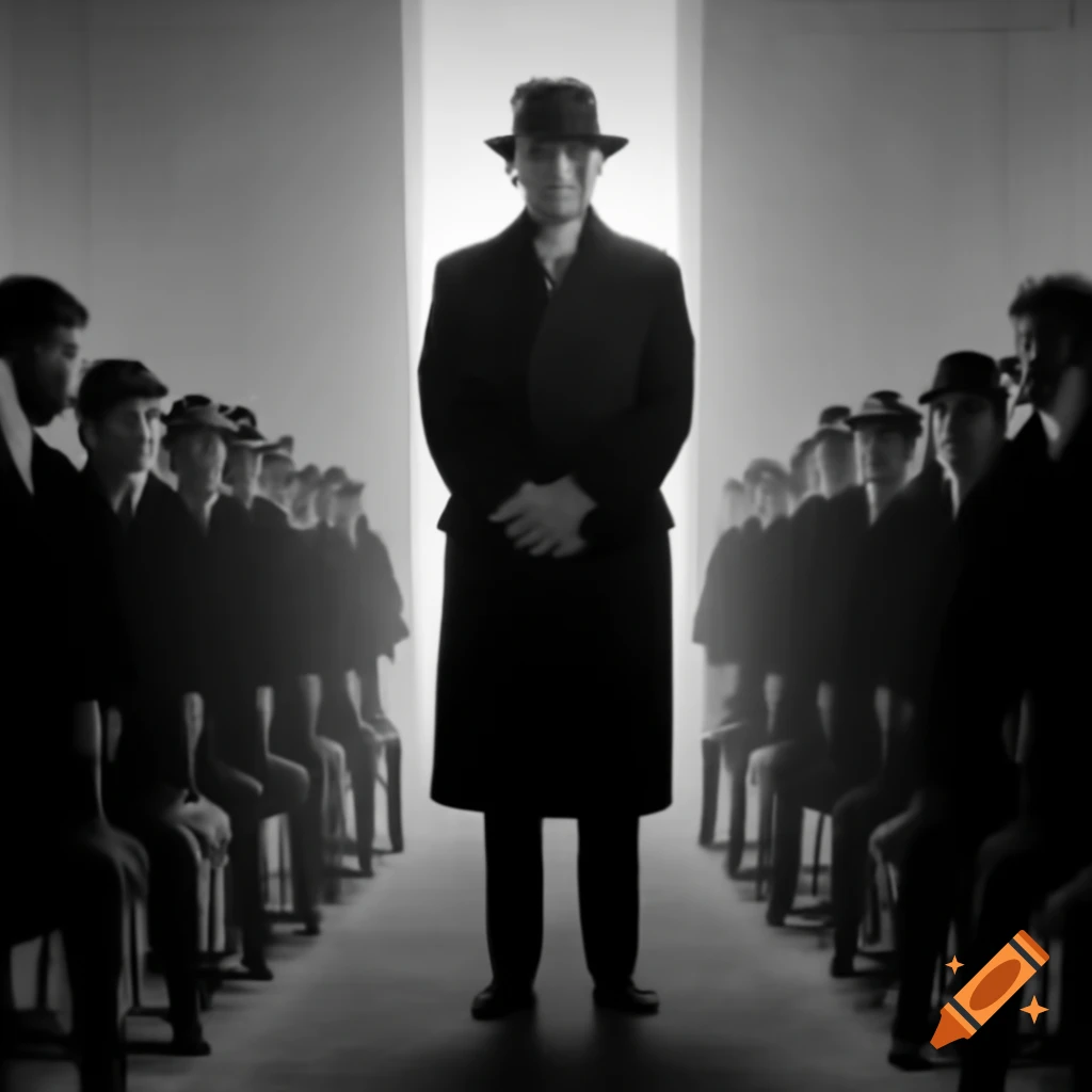 Illustration of a giant man standing among regular-sized people on Craiyon