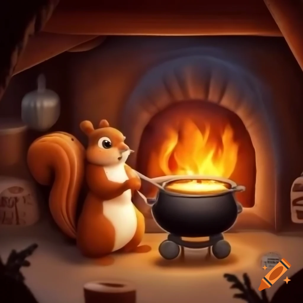 Squirrel stirring boiling cauldron over fire inside cozy tree home on ...