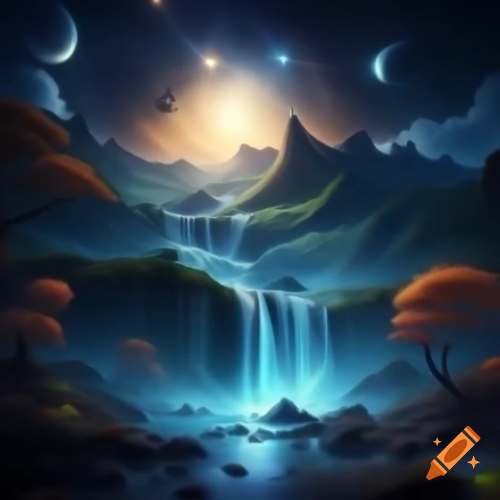 Celestial waterfalls cascading from starry sky illuminating ...