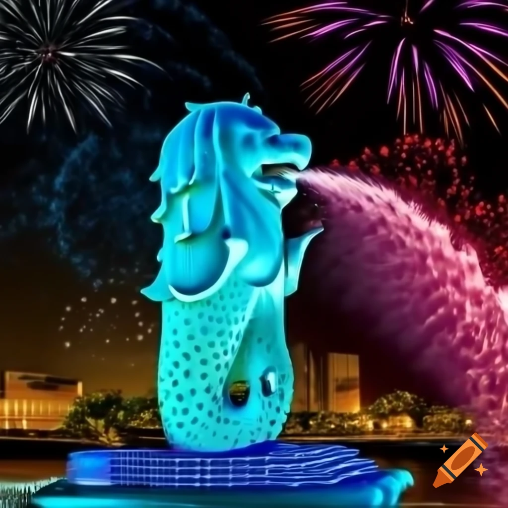 Merlion illuminated by vibrant fireworks in night setting with sg60 ...