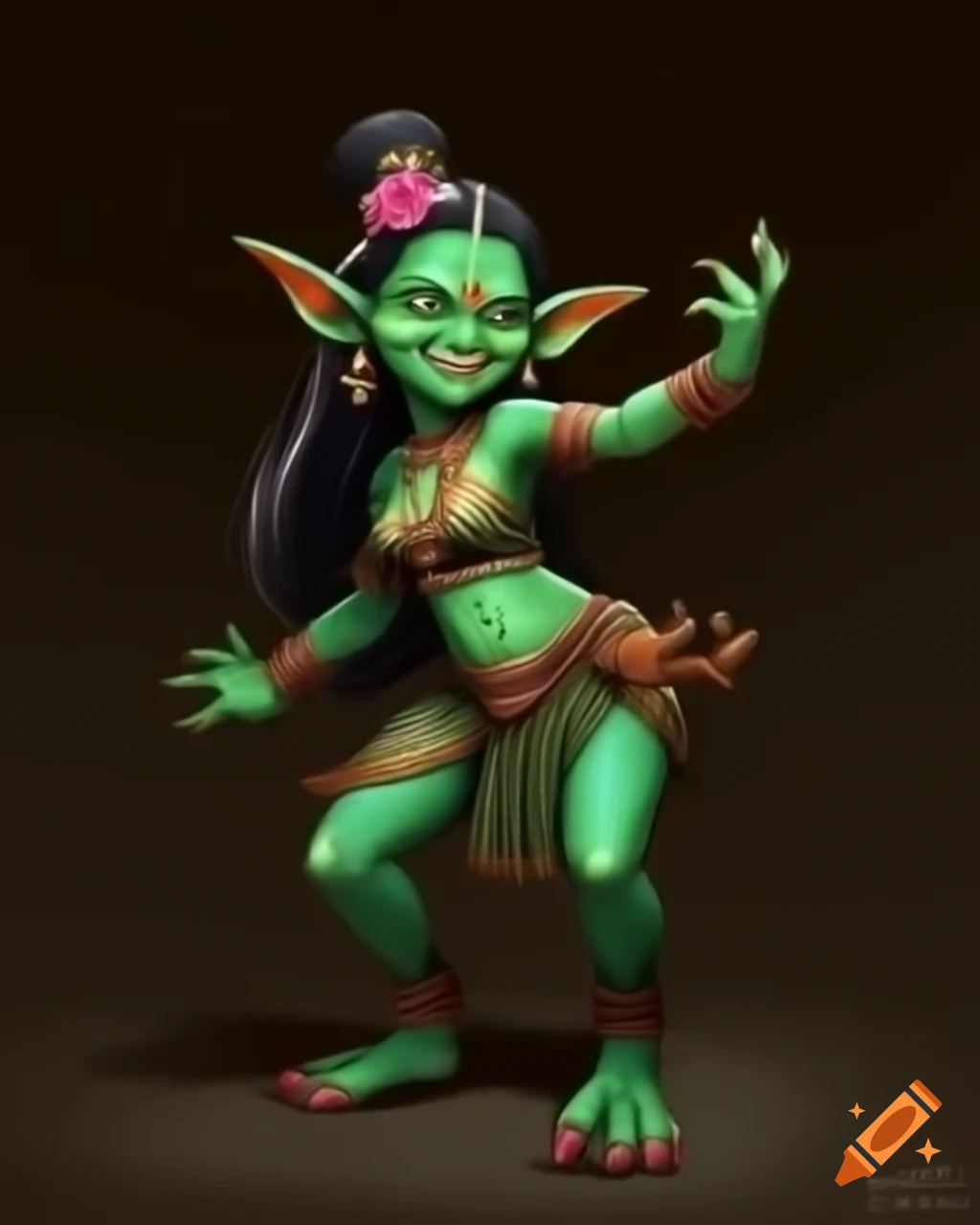 Indian dancing green-skinned goblin girl in anime style on Craiyon