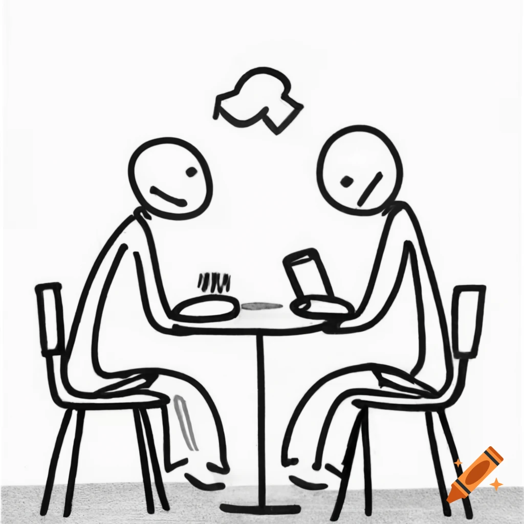 Minimalistic black and white drawing of stick figures in modern café on ...