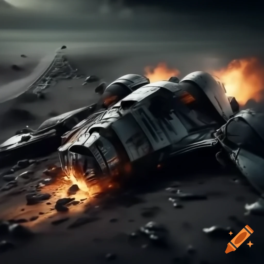 Crashed spaceship at an angle with damaged metallic surface and flames ...