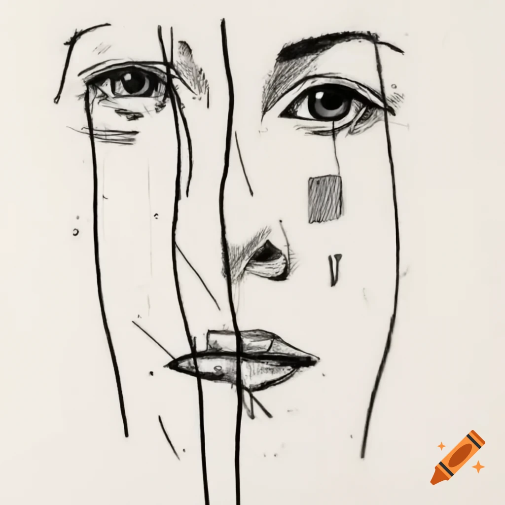 Abstract black and white ink drawing of distressed man's face with ...