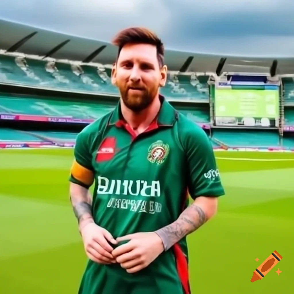Lionel messi bowling in bangladesh cricket team jersey on field on Craiyon