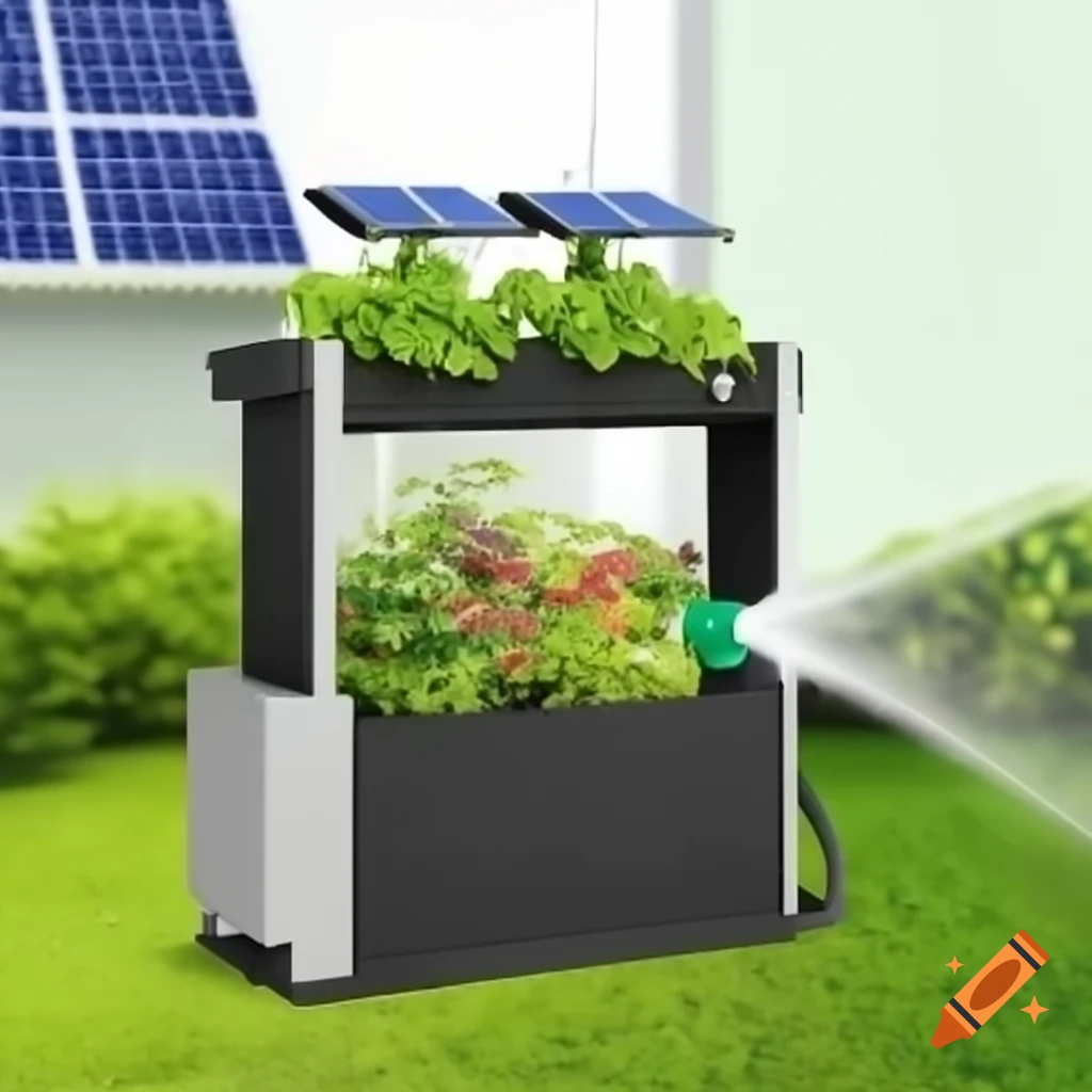 Self-watering planter box with modern design and solar panels on Craiyon