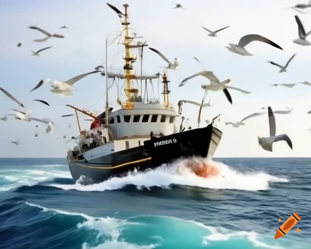 Large deep-sea fishing vessel navigating rough waves with seagulls on ...