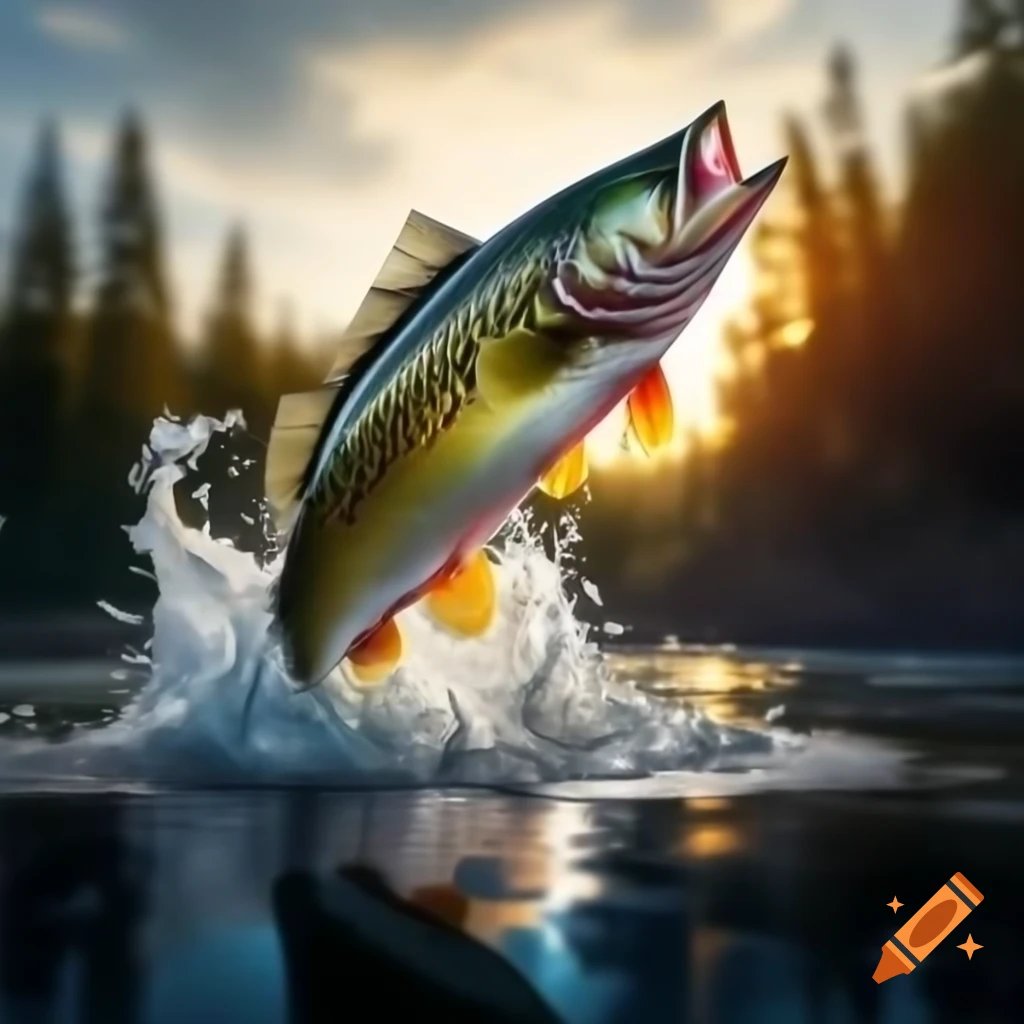 Dynamic action shot of fish leaping out of water with dramatic splash ...