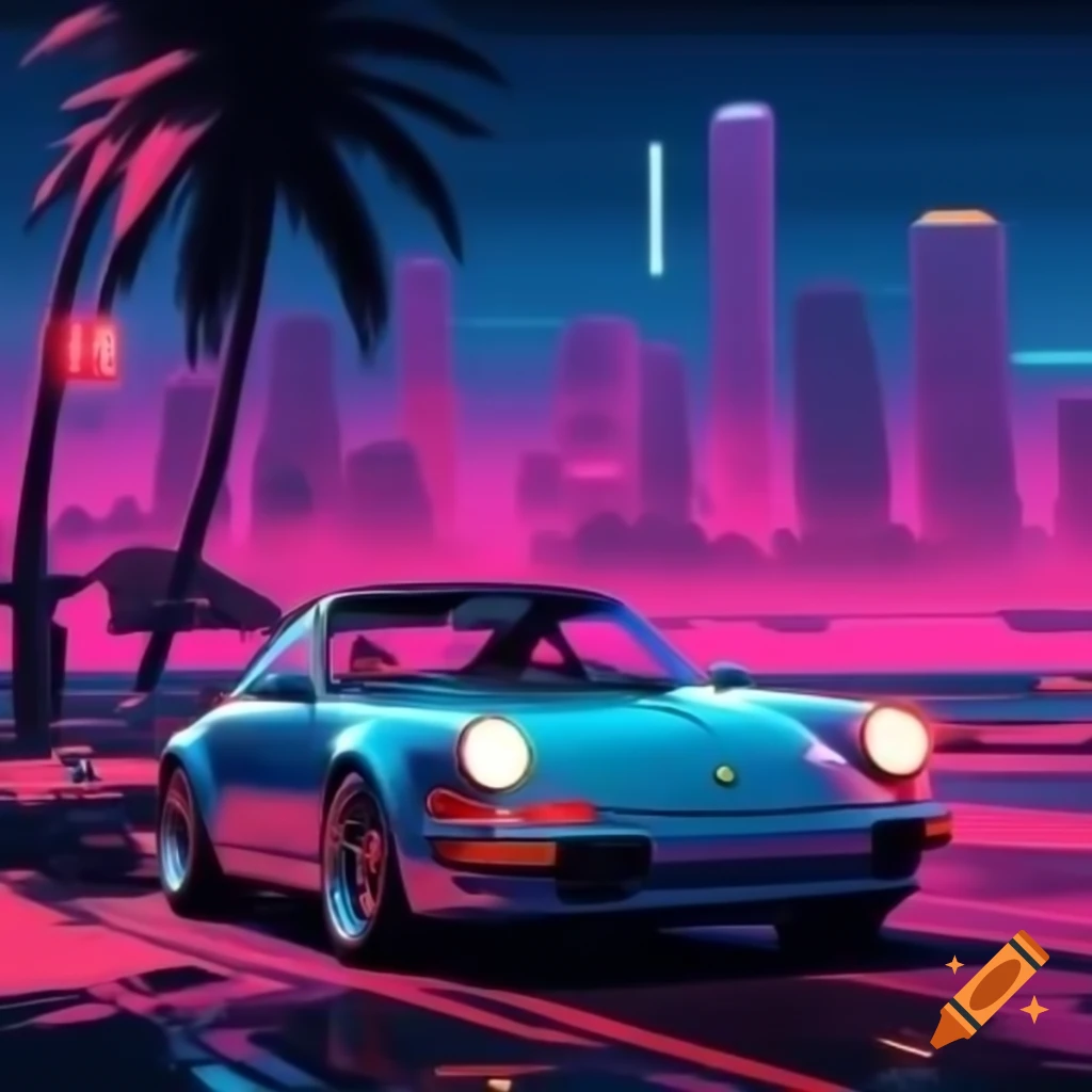 1980s Miami Beach scene in vibrant synthwave style with Hanna-Barbera animation on Craiyon