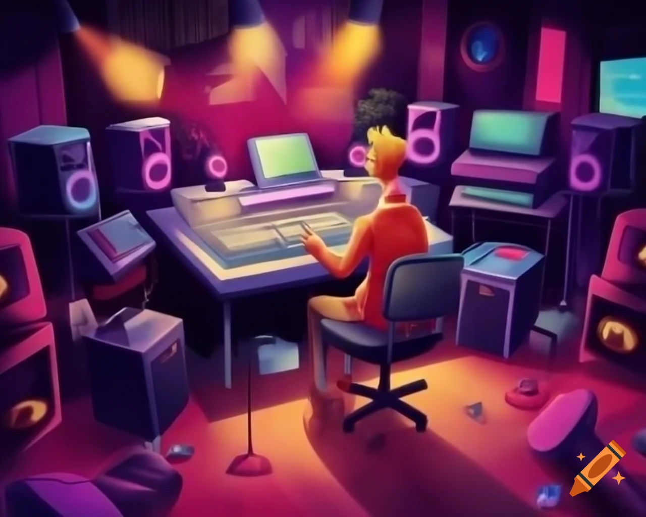 Comic-style illustration of music recording studio with sound engineer ...