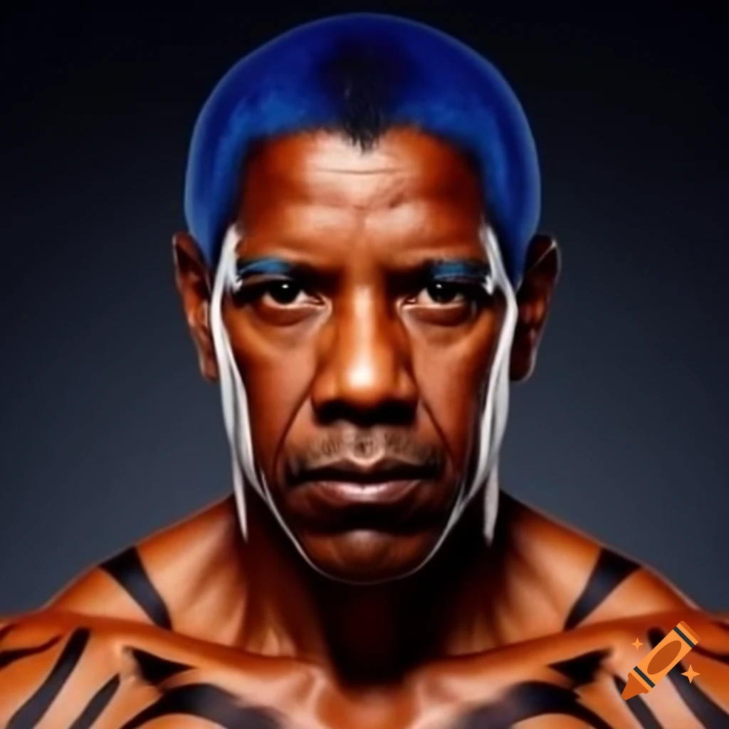 Muscular figure resembling Denzel Washington with tiger-style makeup ...