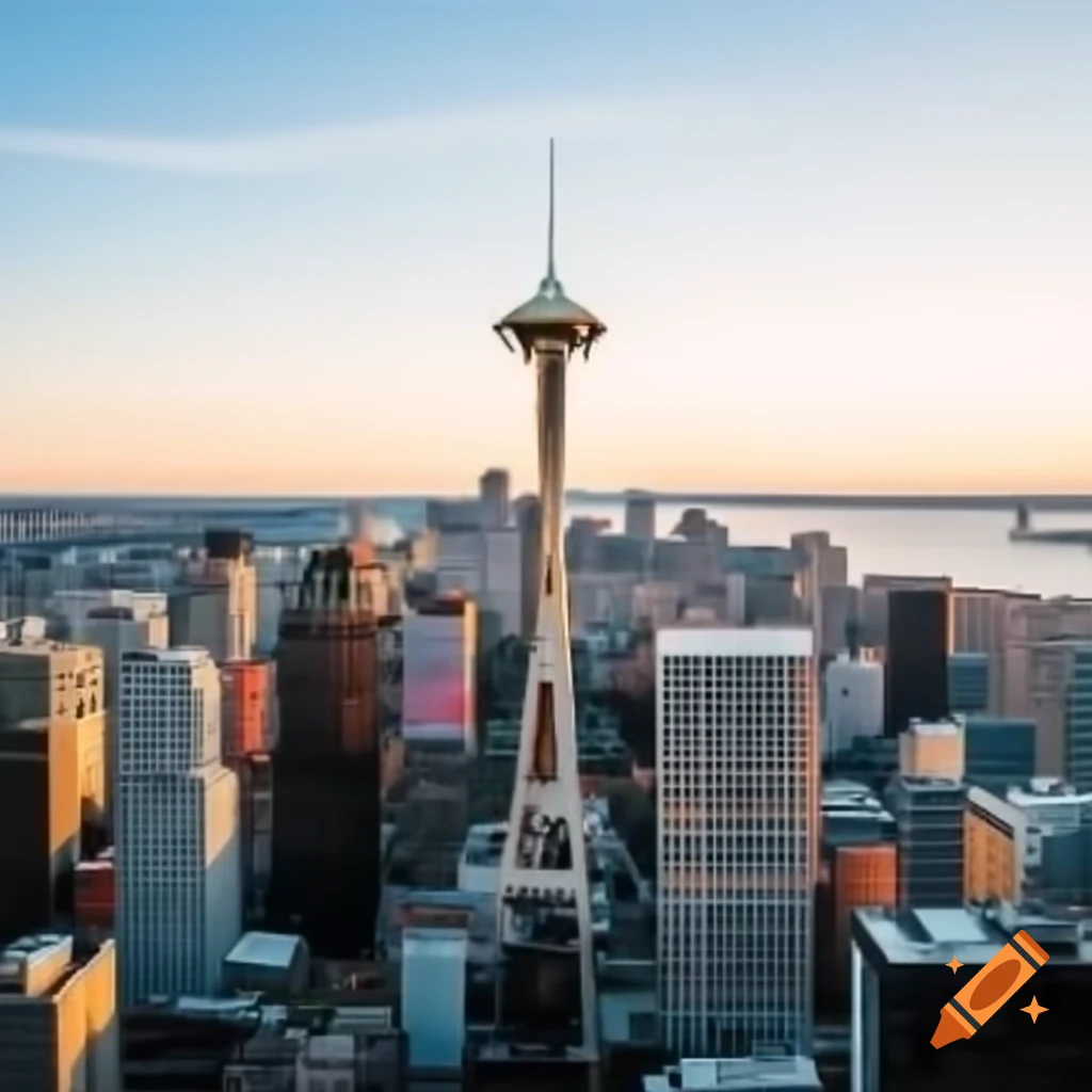 Aerial view of futuristic Seattle, WA in 2050 on Craiyon