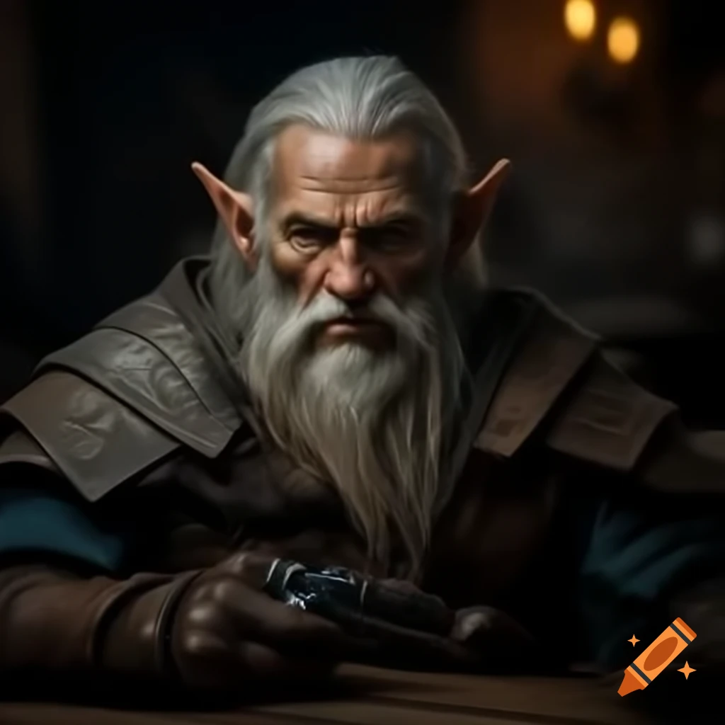 Cinematic portrait of elder elf in dimly lit tavern, dungeons and ...