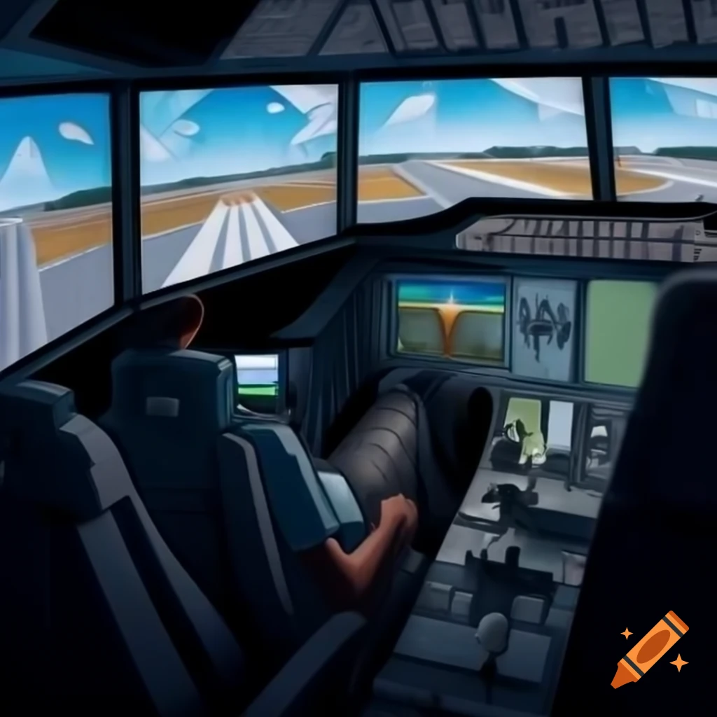 Pilot in flight simulator cockpit with joystick and virtual runway ...