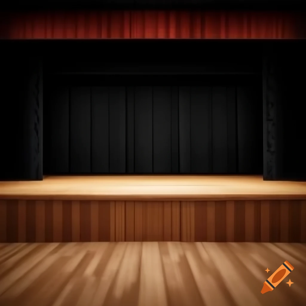 Plain school auditorium stage with wooden floor and plain walls on Craiyon