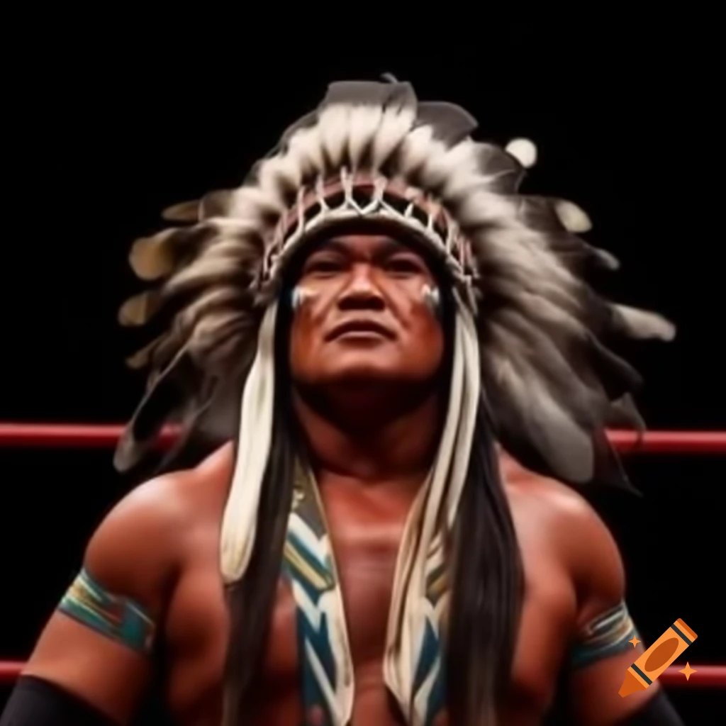 Native american wrestler in traditional regalia ready to compete on Craiyon
