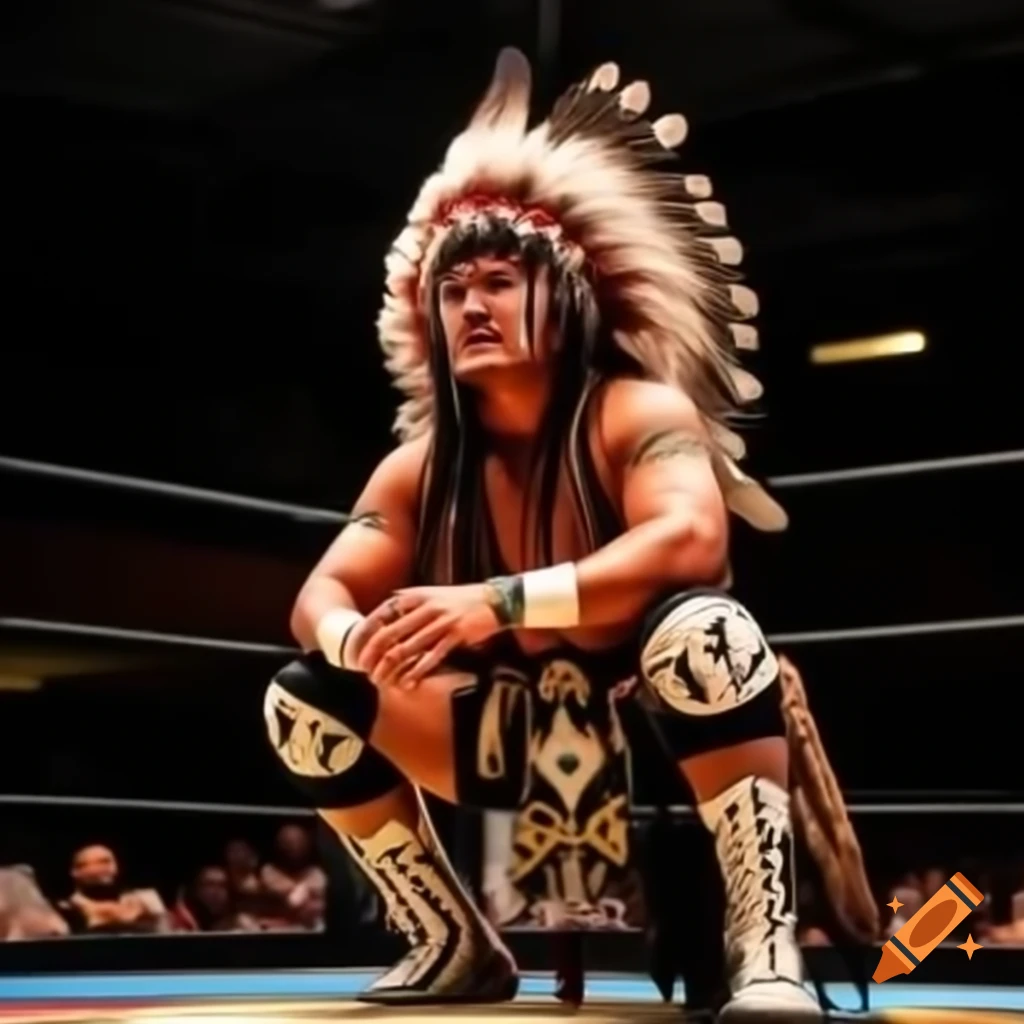 Native American wrestler in traditional regalia ready to compete on Craiyon
