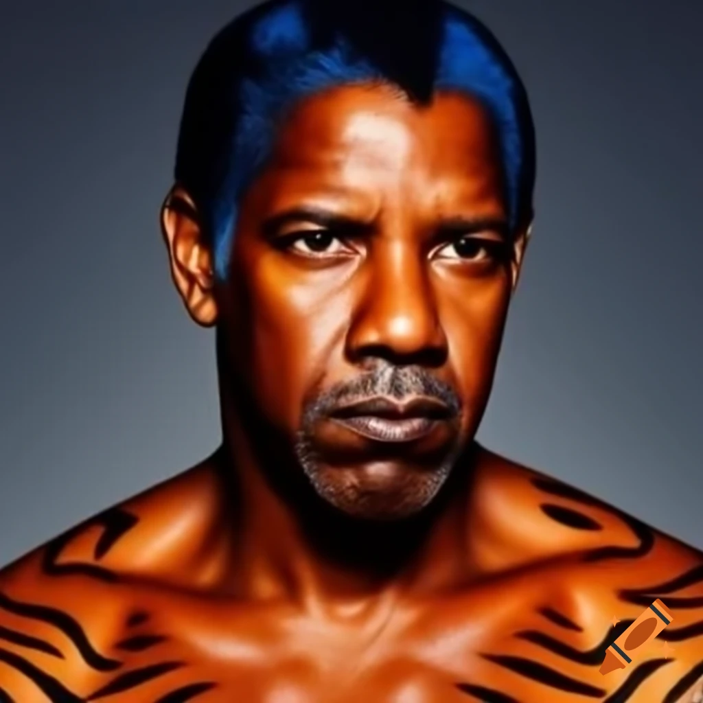 Muscular man with tiger-style makeup featuring blue hair, orange skin ...