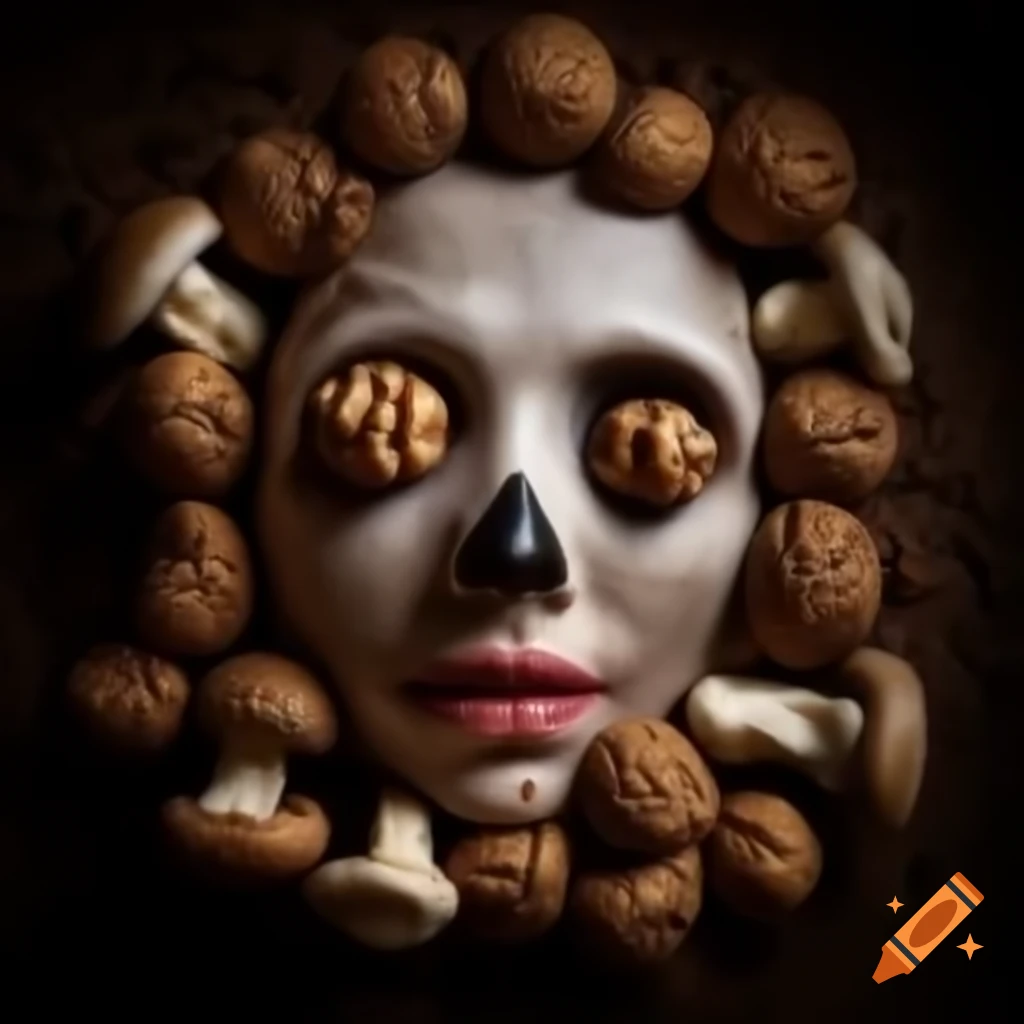 Scary face created with mushrooms and walnuts on Craiyon