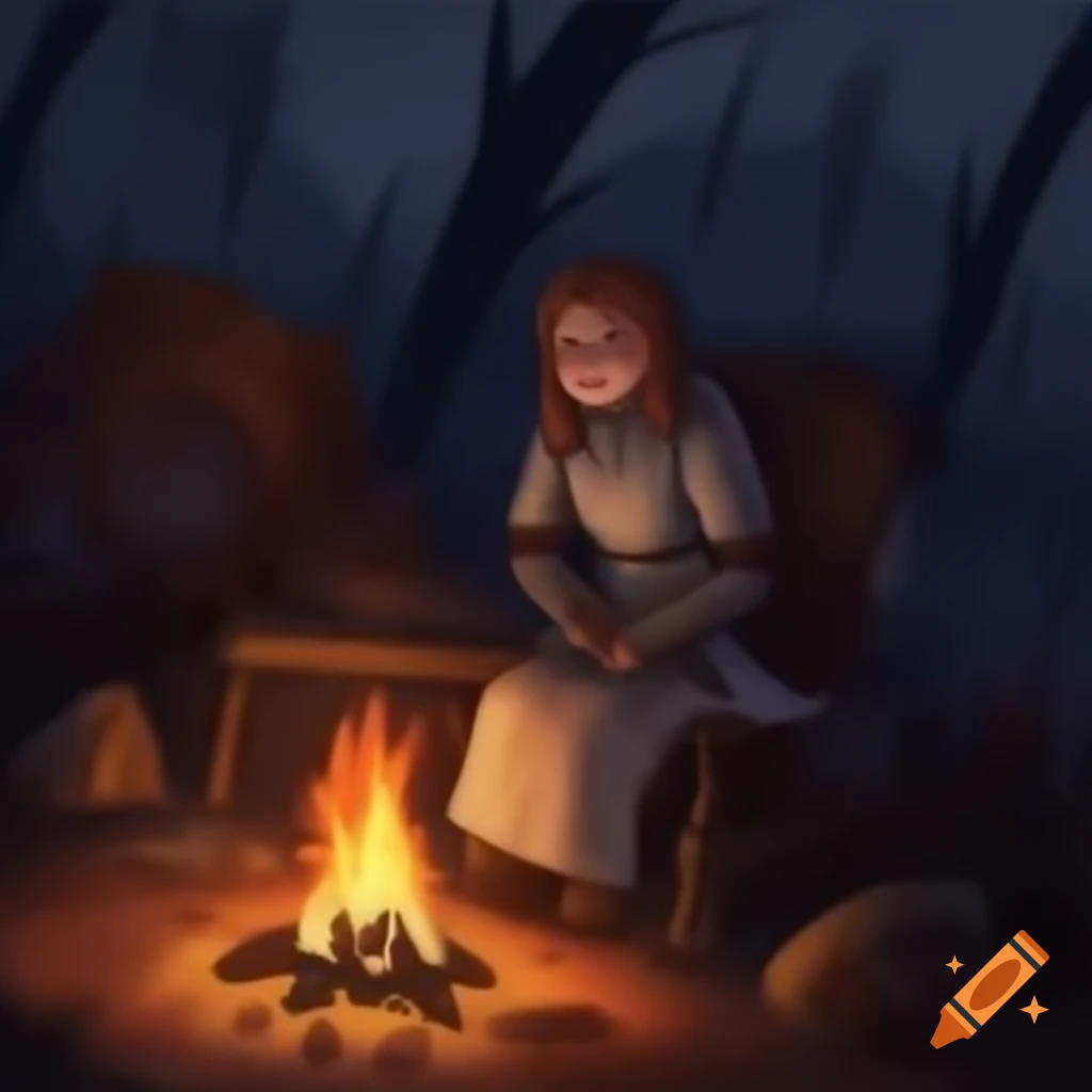 Abandoned knights' campsite with smoldering campfire, girl in medieval dress and ghostly knight ...