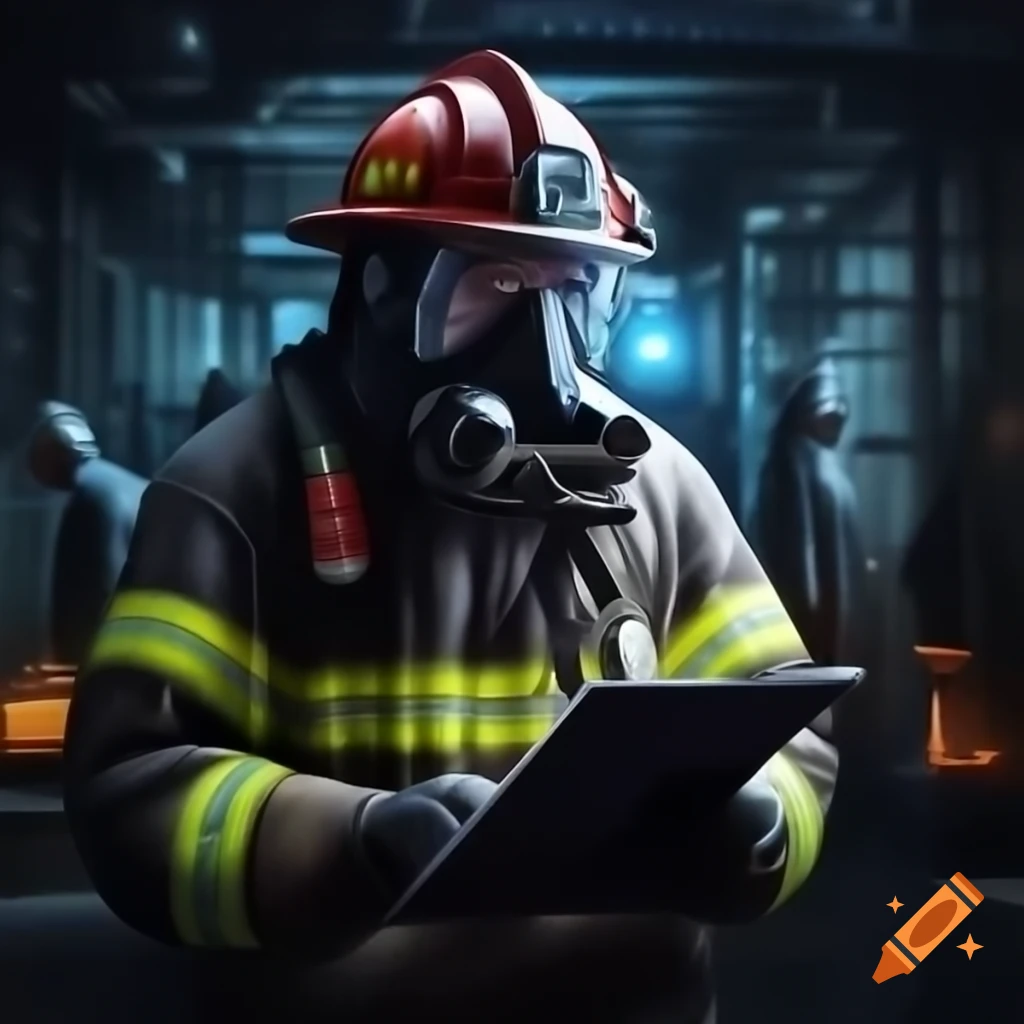 Fire safety inspector in protective suit at nuclear power plant on Craiyon