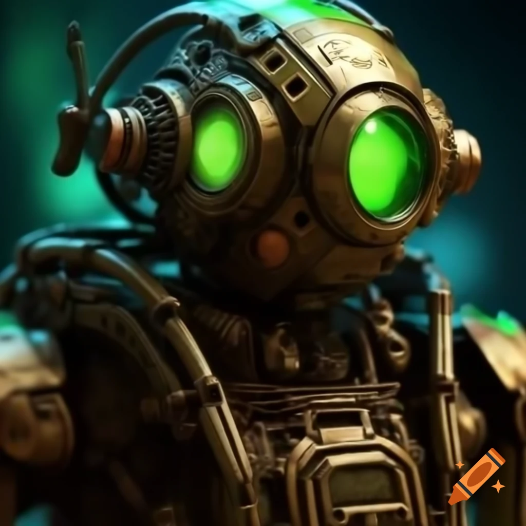 Intricate steampunk clockwork automaton robot with green-hue lights on ...