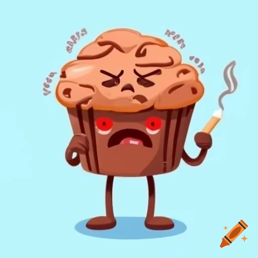 Chocolate muffin with red tired eyes and legs, enjoying a smoke on Craiyon