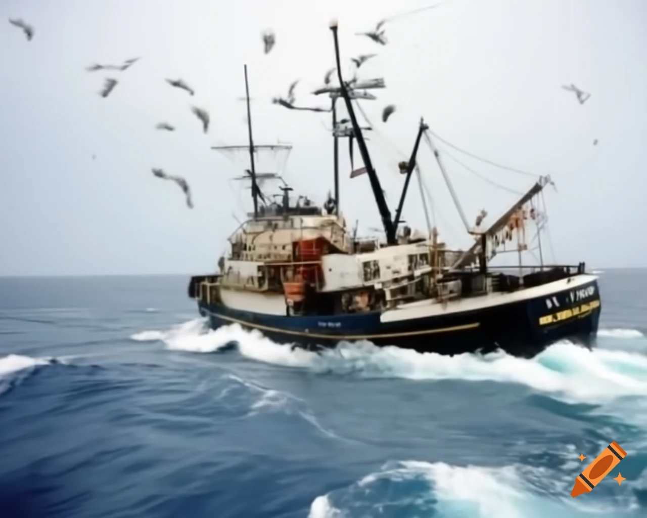 Deep-sea fishing vessel in rough waves with seagulls on Craiyon