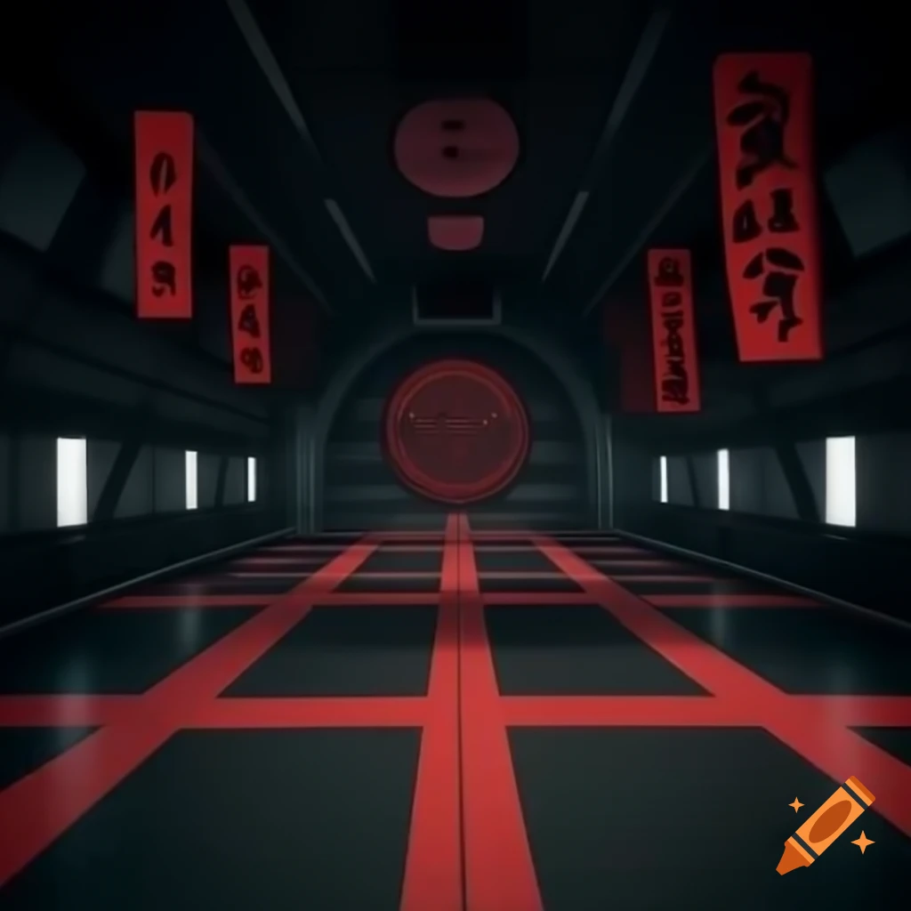 Empty dojo with red motifs and Japanese symbols, featuring sci-fi ...