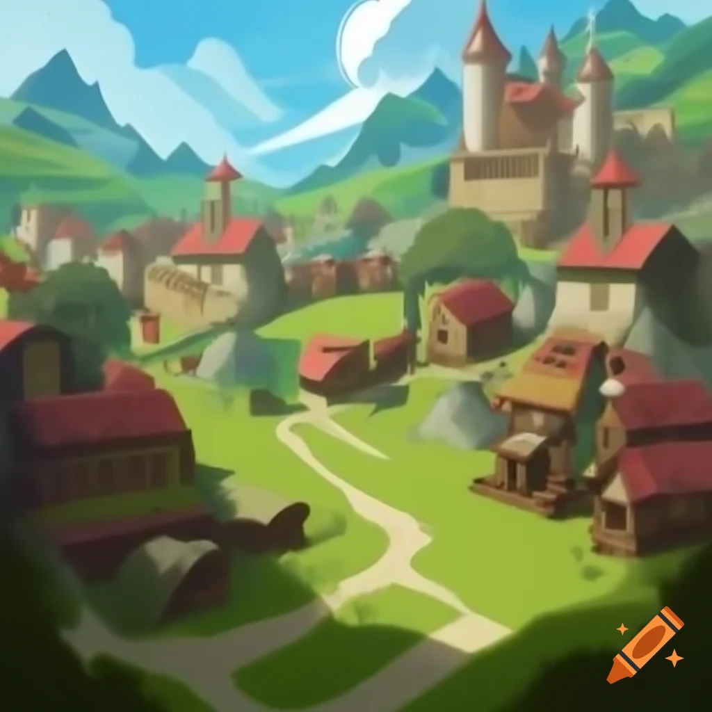Colorful medieval fantasy village with winding road and castle backdrop ...