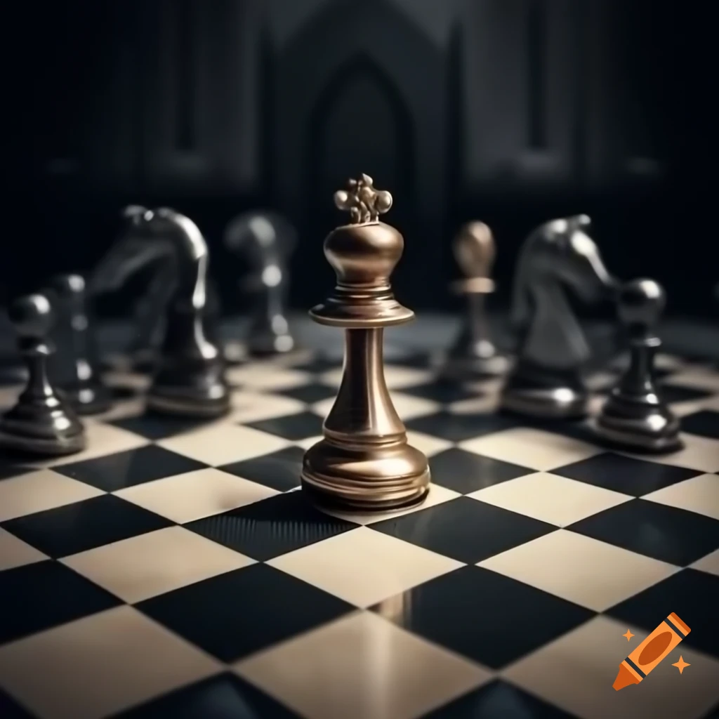 Pawn transforming into queen on chessboard with majestic pieces on Craiyon