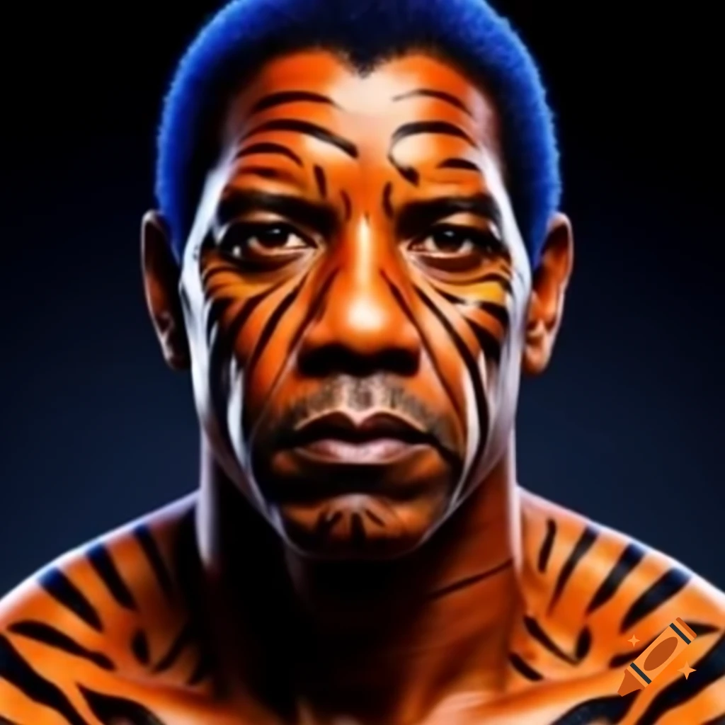 Muscular figure with tiger-style makeup featuring blue hair and orange ...