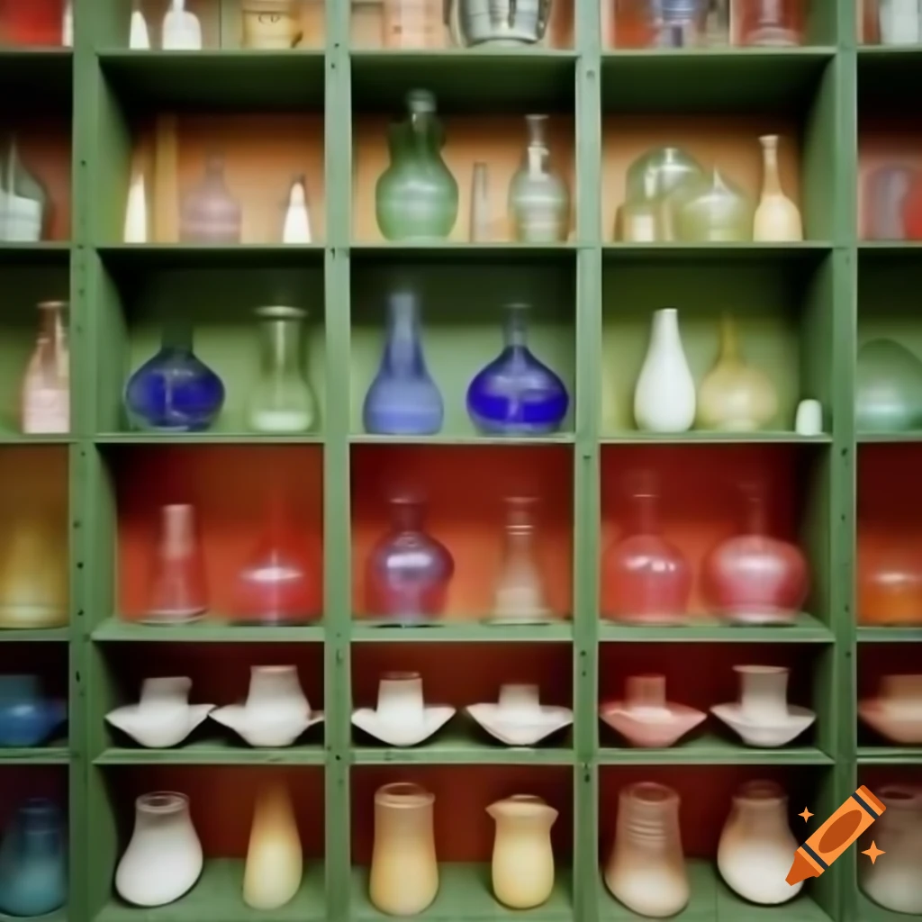 Row of shelves displaying colorful antique glass pieces from Europe on ...