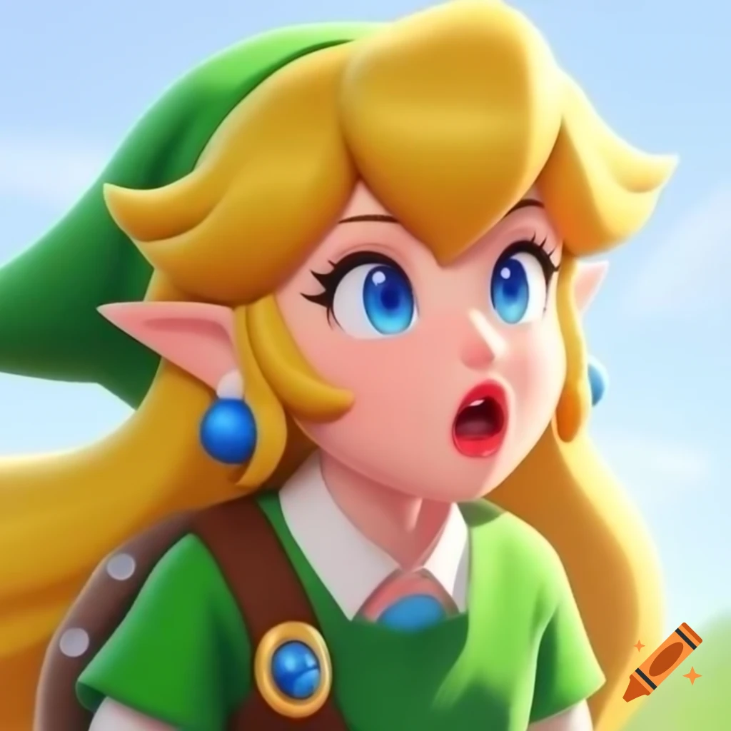 Character resembling link in green tunic with exaggerated makeup and hairstyle inspired by ...