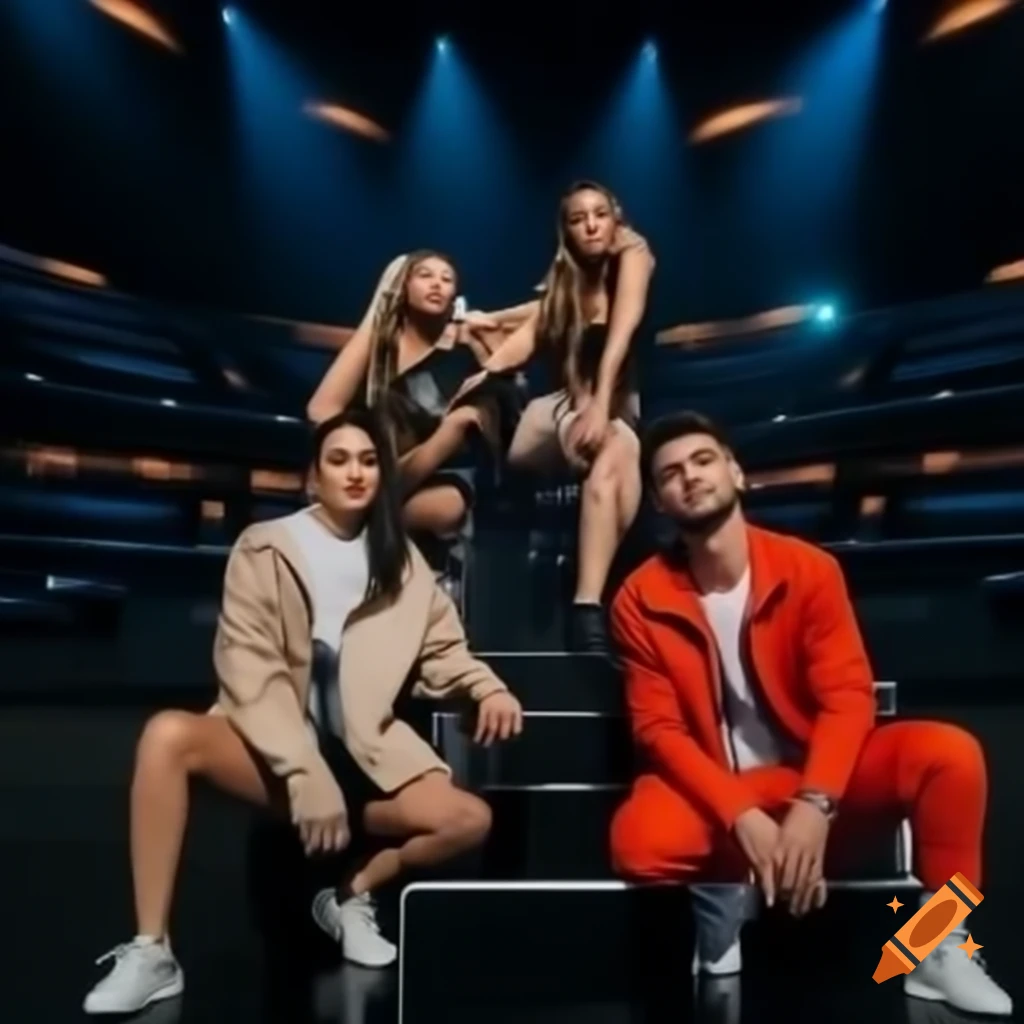 Bodybuilding stage with three muscular athletes posing, illuminated ...