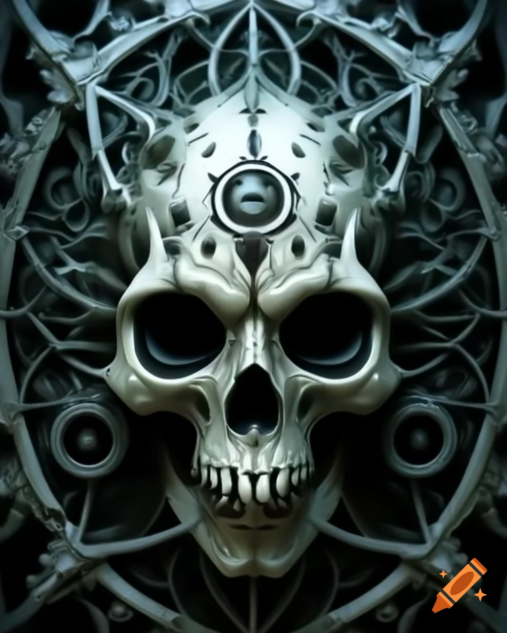 Intricate demon alien skull with occult symbols and biohazard fractal ...