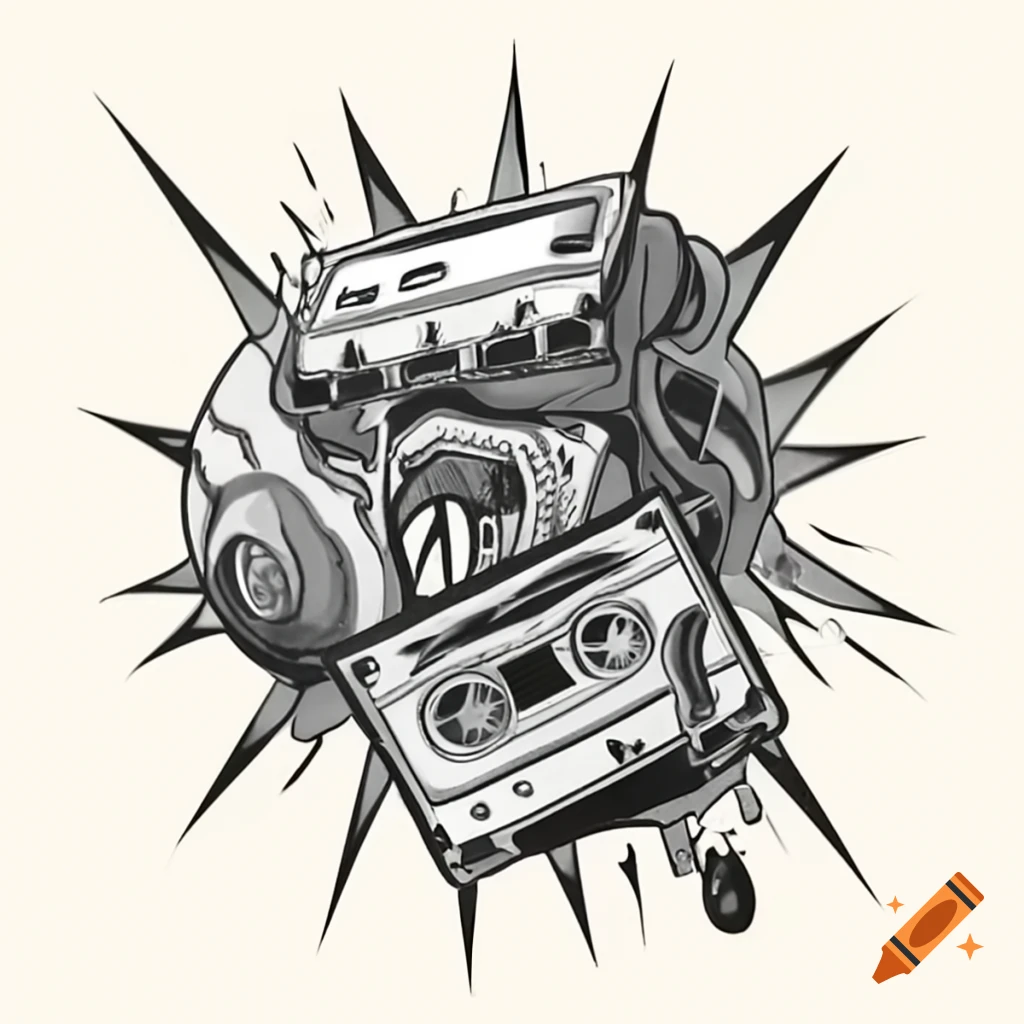 Cyborg with chubby cheeks biting vintage cassette tape, charcoal ...