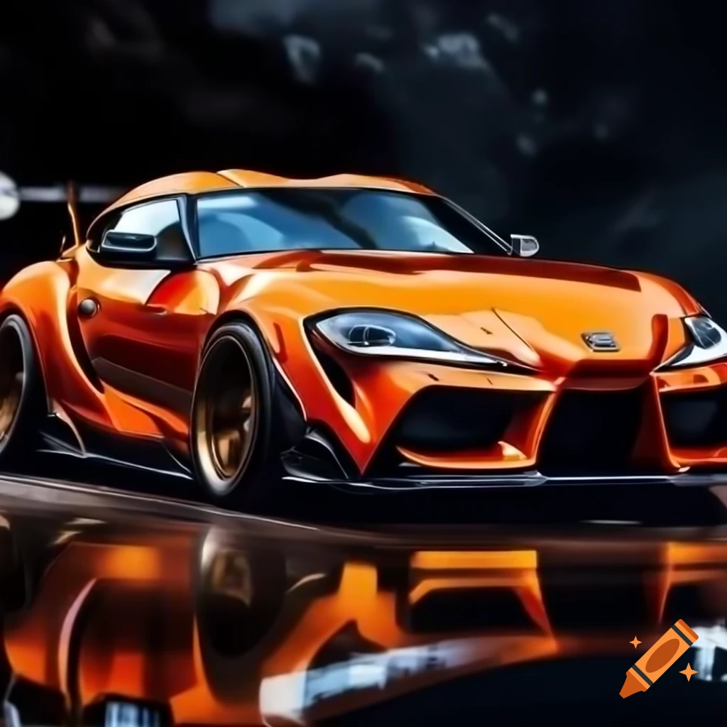 Orange Toyota Supra MK4 showcased in dynamic, realistic style on Craiyon