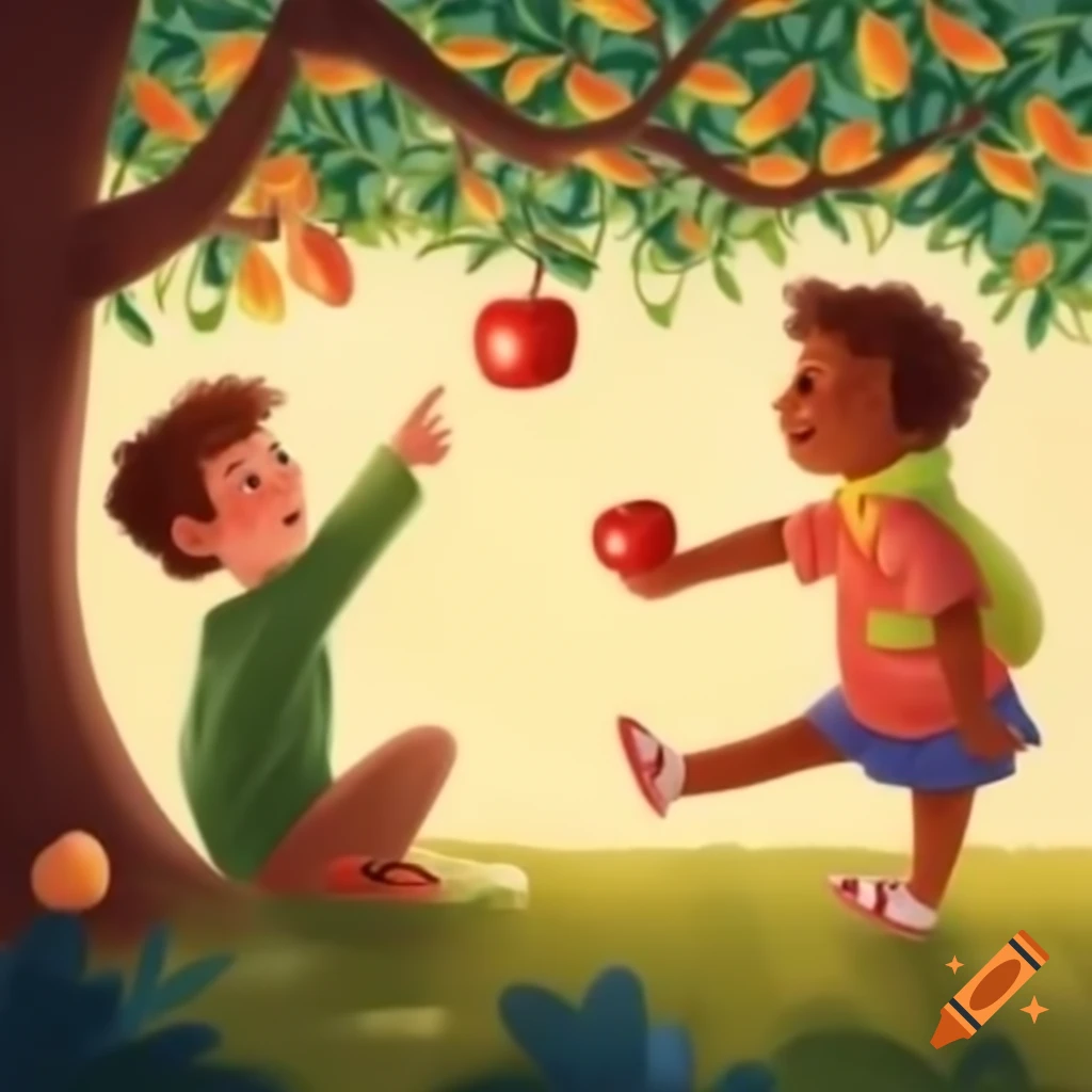 Children sharing an apple under a tree, smiling and happy on Craiyon